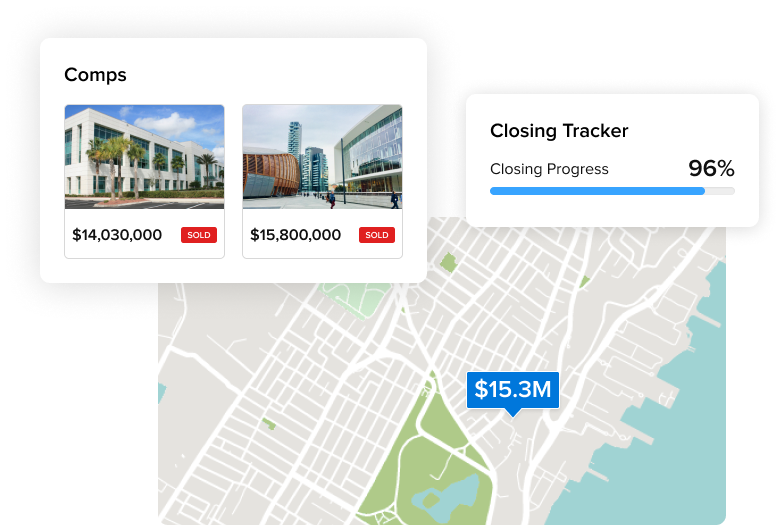 Representation of a map with cards of a comps and a tracker interface ...